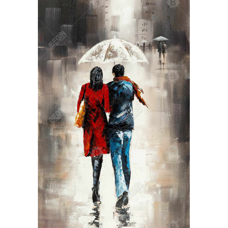Begin Edition International Inc. Quiet walk in couple in the rain - 24"x36" Framed canvas ...